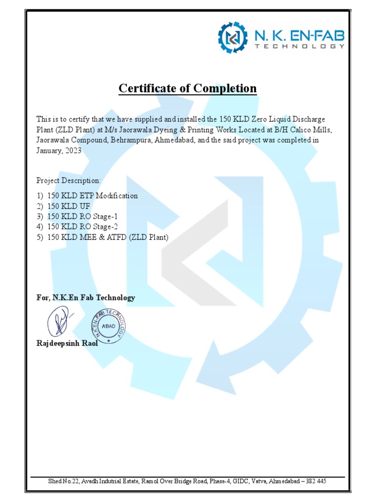 Certificate of Completion for 150 KLD ZLD Plant Installation | PDF
