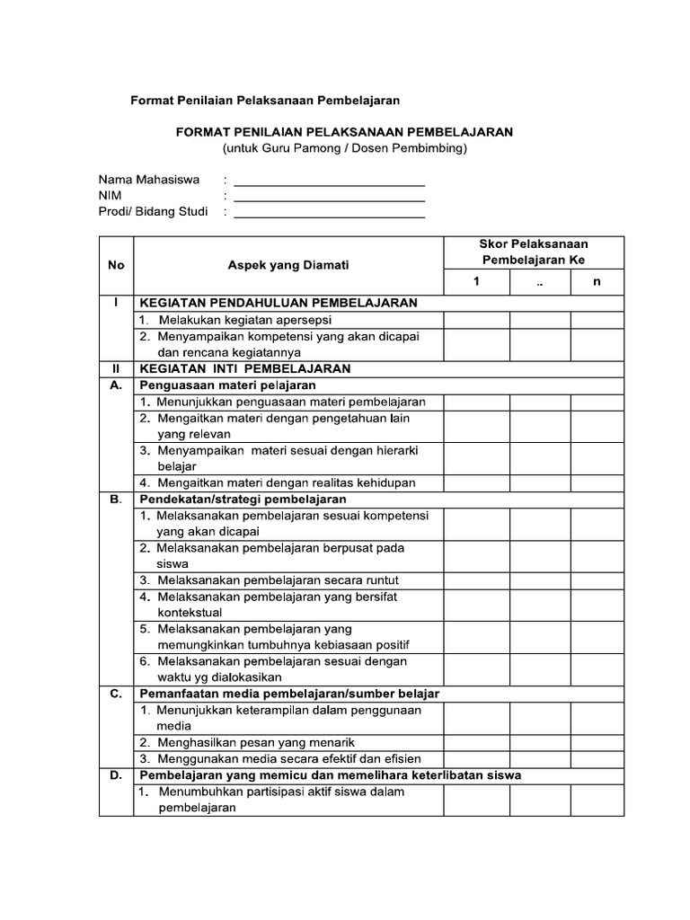 Format Penilaian Pelaksanaan Pembelajaran PDF | PDF