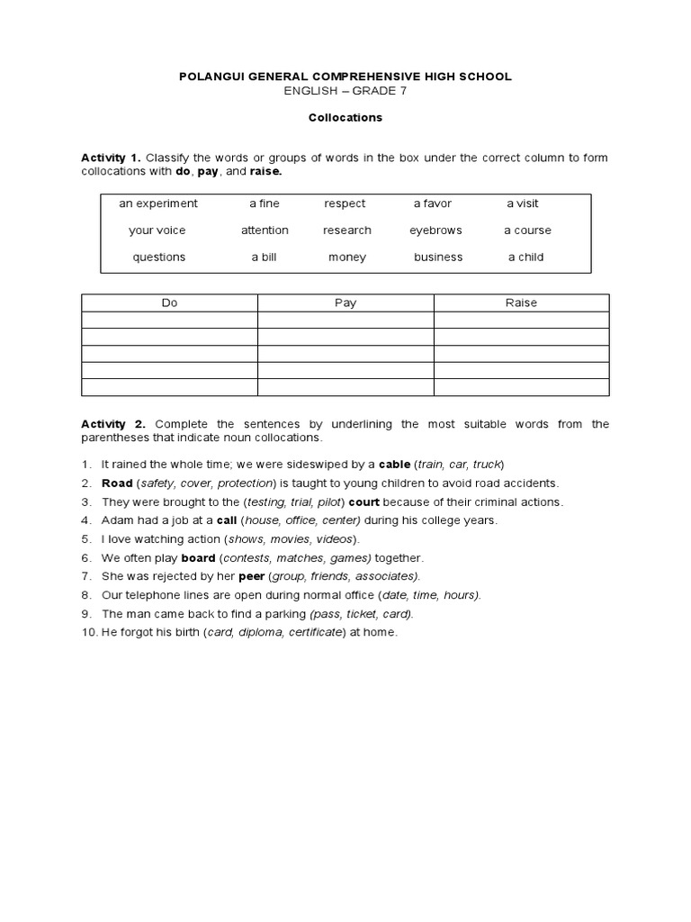 SUPPLEMENTAL ACTIVITY SHEETS Collocation | PDF
