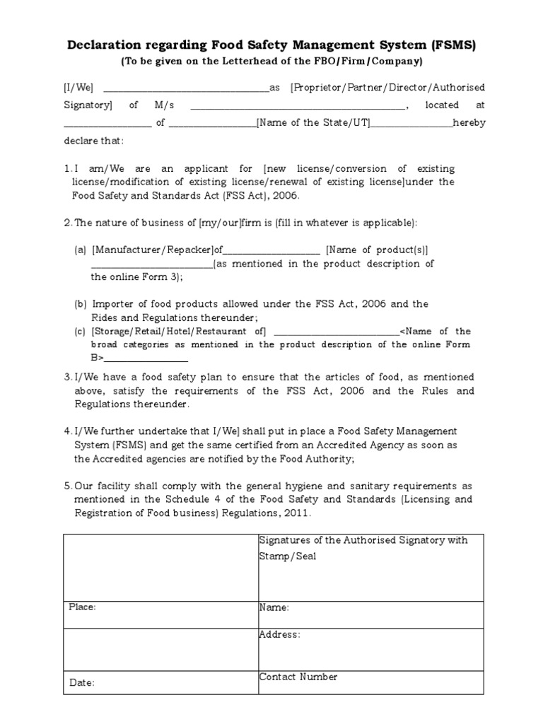 FSMS Declaration for Food Business License | PDF | Business