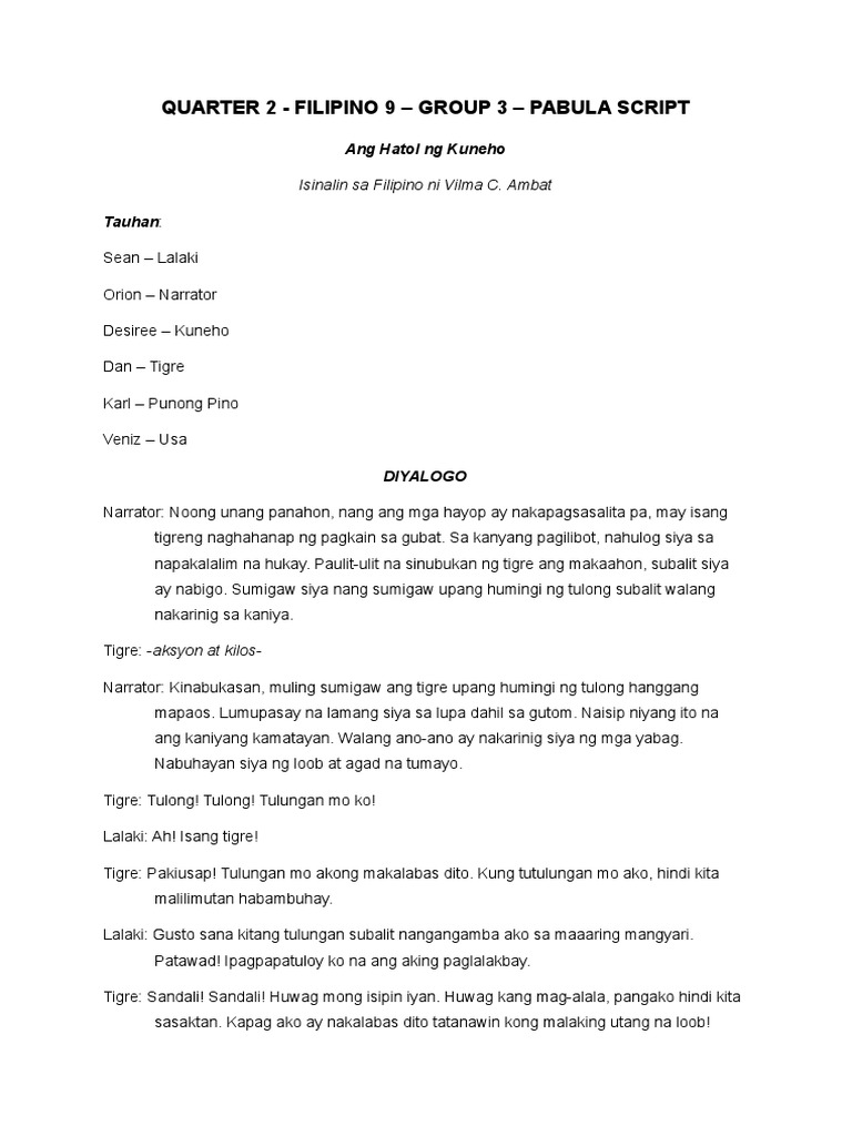 Quarter 2 - Filipino 9 - Group 3 - Pabula Script: Ang Hatol NG Kuneho | PDF