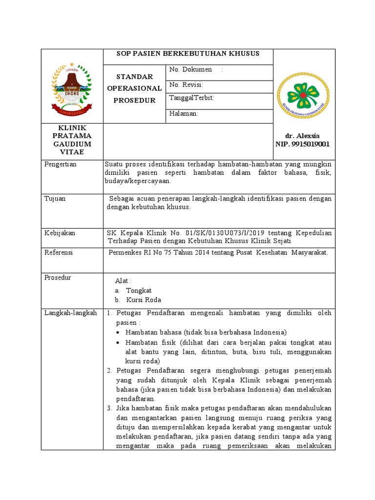 SOP Penanganan Pasien Berkebutuhan Khusus | PDF