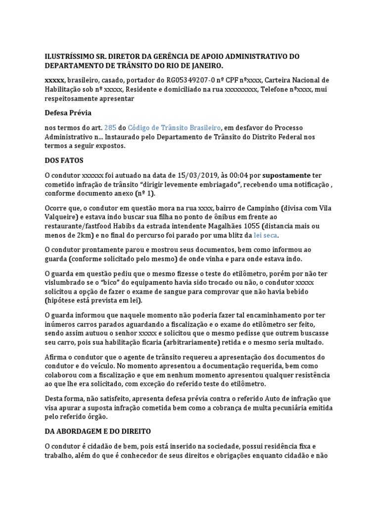 Modelo Defesa Previa Detran Recusa de Teste Do Etilometro | PDF ...