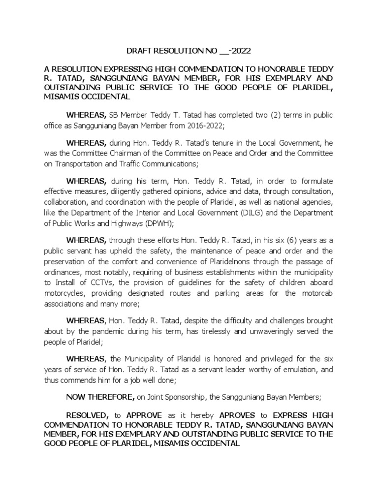7 Draft Resolution - Commending SB Tatad | PDF