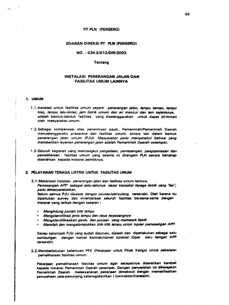 Edaran Direksi No. 024.E.012.DIR.2003 Tentang PJU Dan Instalasi | PDF