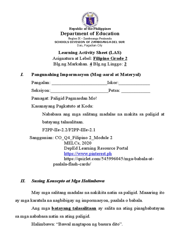 Nababasa Ang Mga Salitang Madalas Na Makita Sa Paligid at Batayang ...