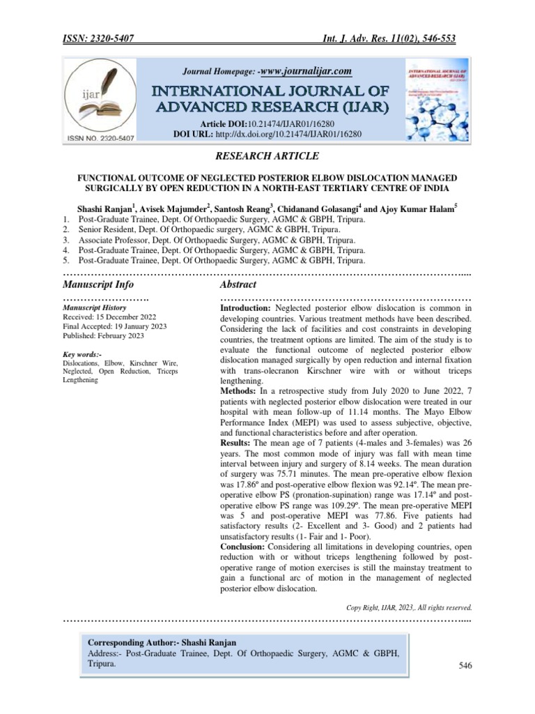 Functional Outcome of Neglected Posterior Elbow Dislocation Managed ...