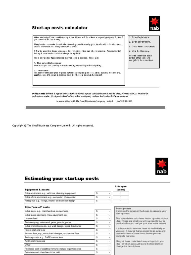 Start Up Costs Calculator | PDF | Cost | Business