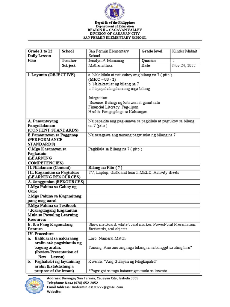 Lesson-Plan-Kinder-Math-CO1-2022-2023 2 | PDF