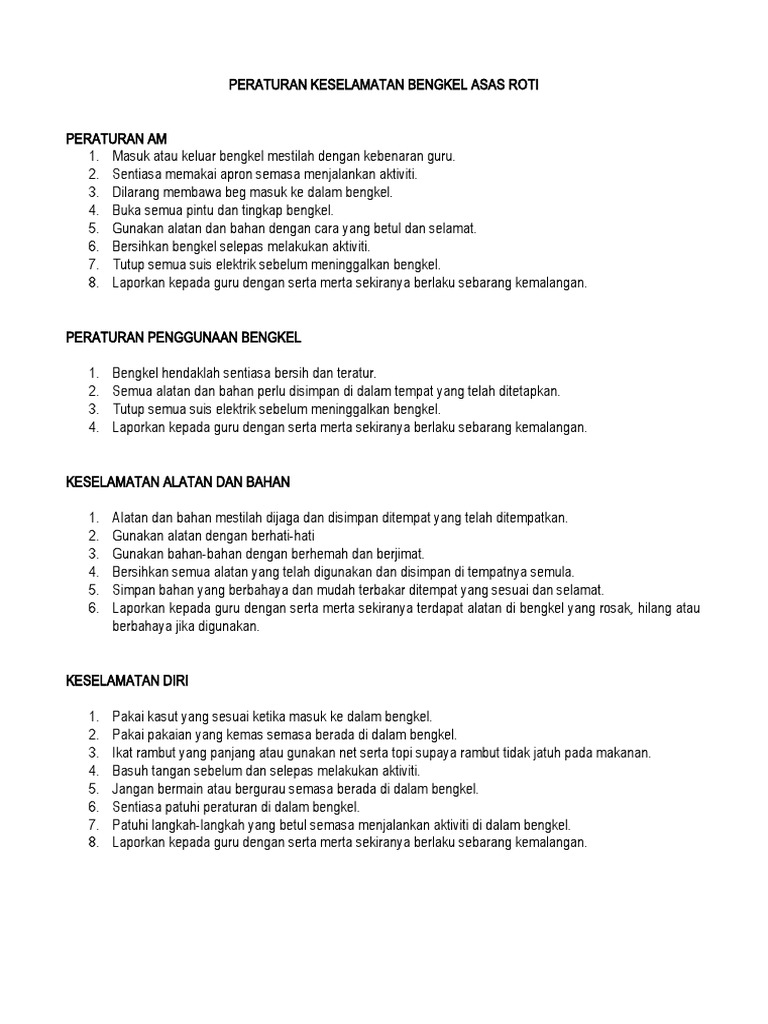 Peraturan Bengkel Asas Roti | PDF