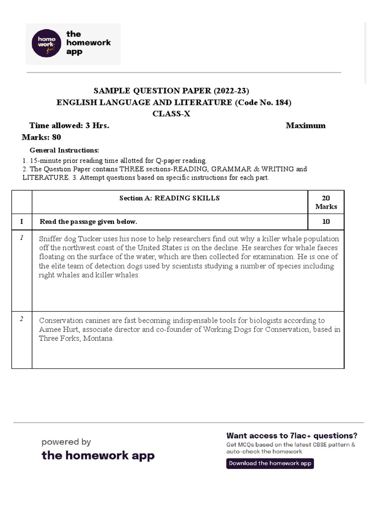 Sample Question Paper (2022-23) English Language and Literature (Code ...