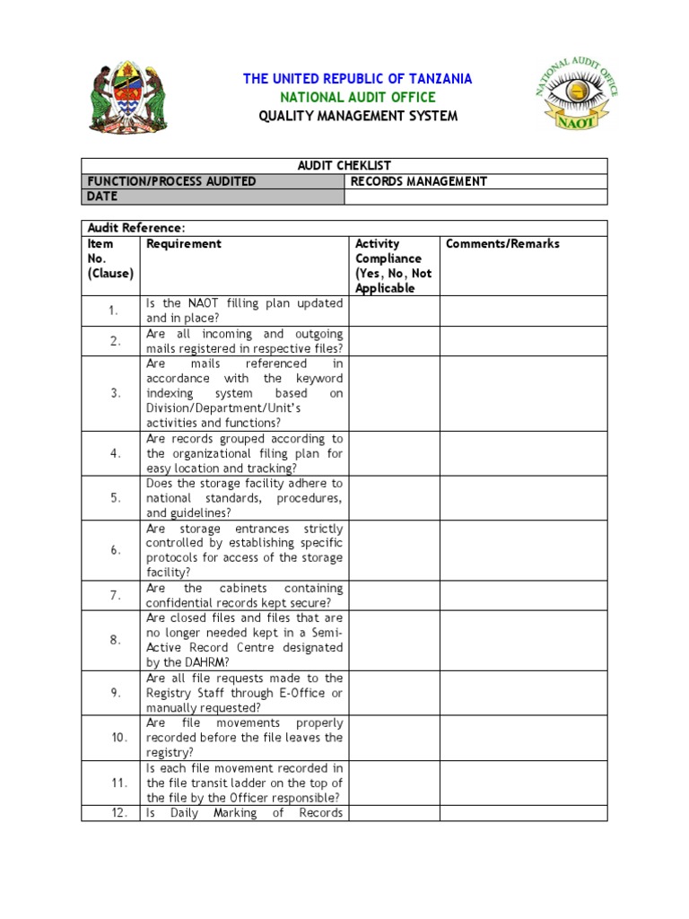 Records Management Audit Checklist for Tanzania's National Audit Office ...