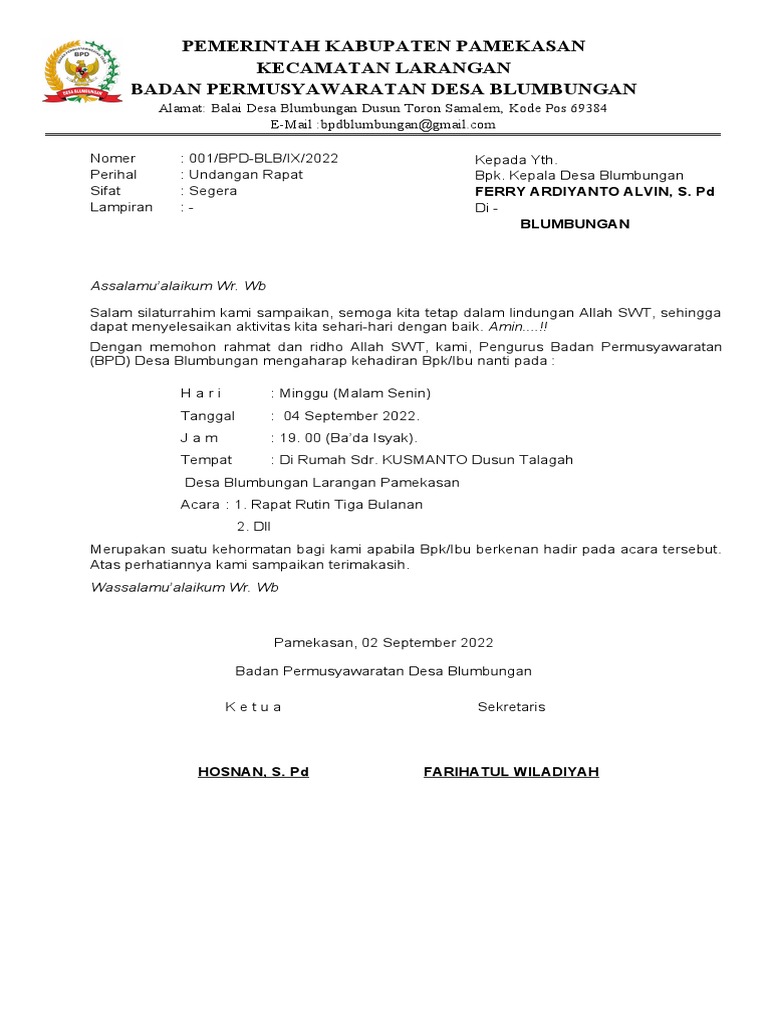 Undangan Rapat BPD Desa Blumbungan | PDF