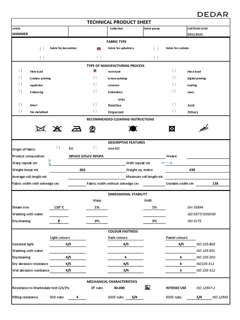 Technical Specifications Shimmer PDF | PDF | Textiles | Dyeing