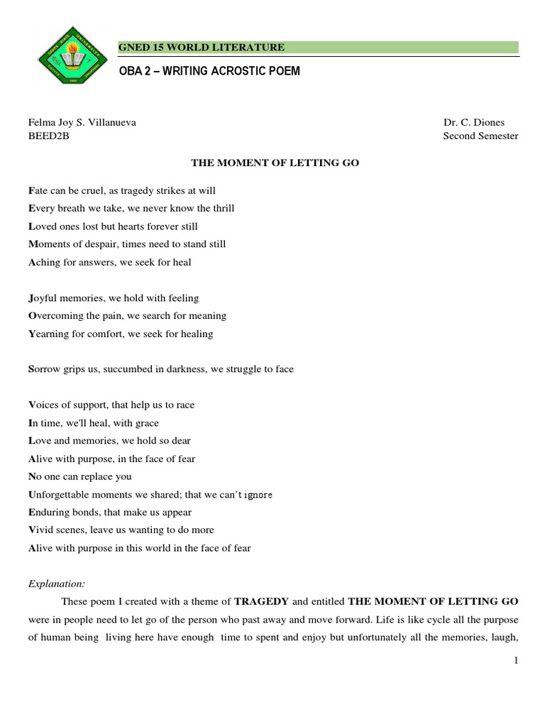 Acrostic Poem: The Moment of Letting Go | PDF