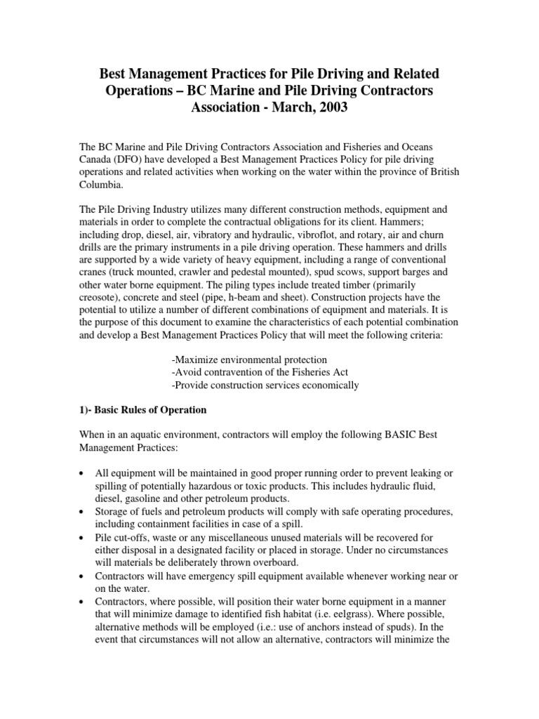 Best Management Practices From DFO For Pile Driving | PDF | Deep Foundation | Concrete