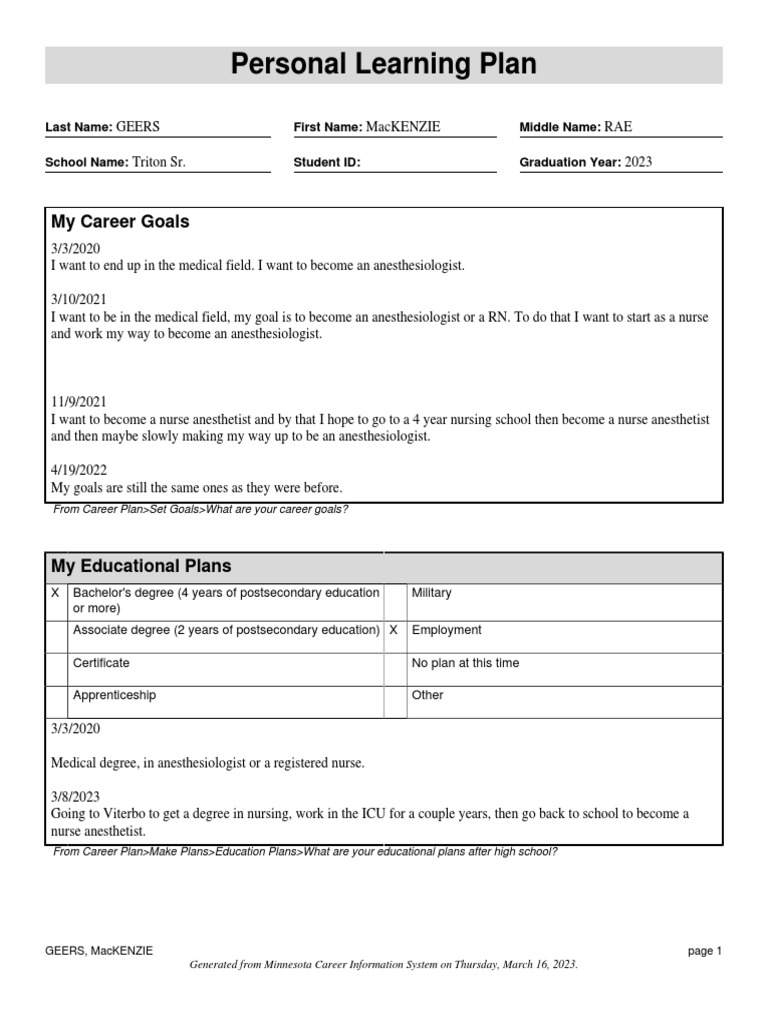 Personal Learning Plan 1 | PDF | Nursing | Mentorship