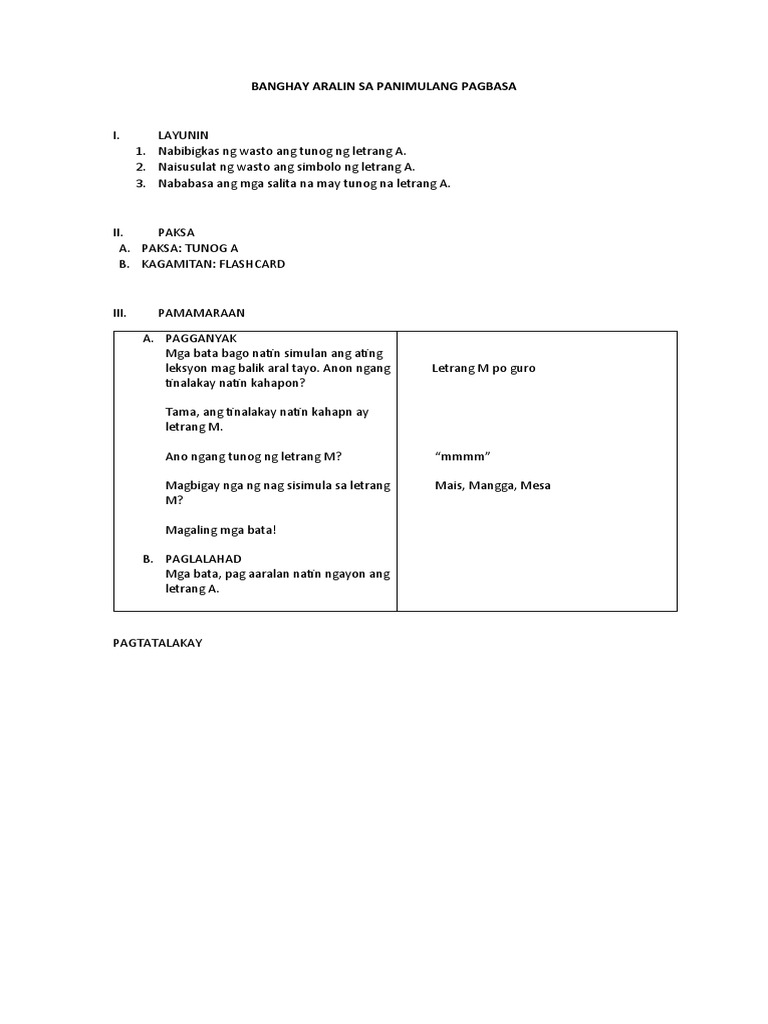 Banghay Aralin Sa Panimulang Pagbasa | PDF
