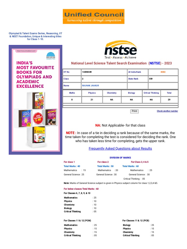 Unified Council Results NSTSE Results | PDF | Physics | Observation