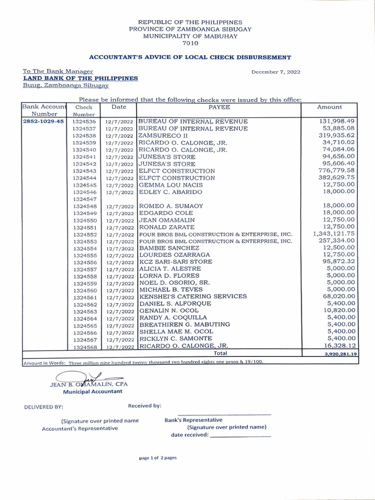 PL D H H: Accountant'S Advice of Local Check Disbursement | PDF