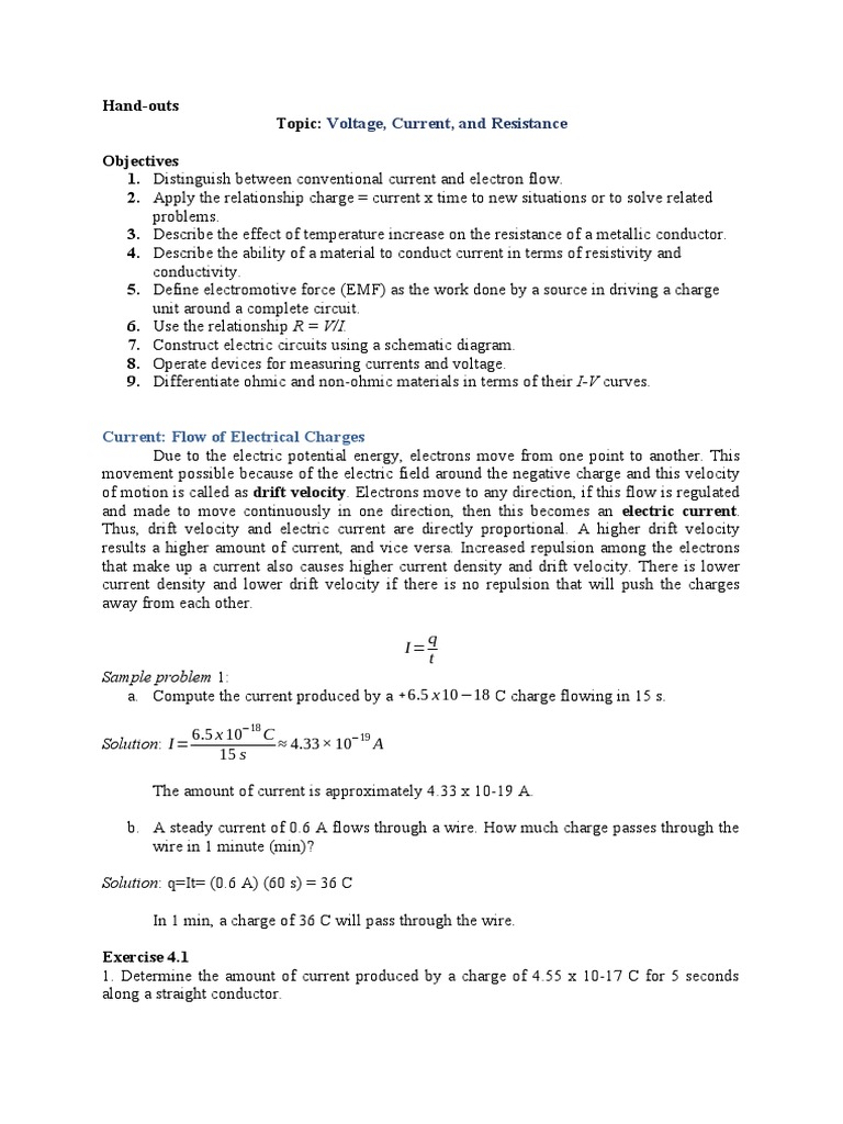 Group3 Hand Outs Voltage Current And Resistance Pdf Electrical