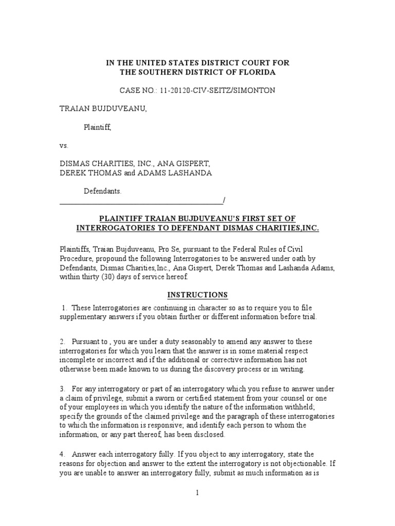 Interrogatories to Defendant Dismas Charities | Interrogatories | Legal ...