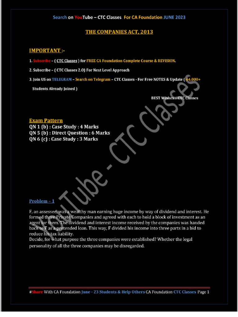 The Companies Act 2013 Case Study Q & A CTC Classes PDF | PDF