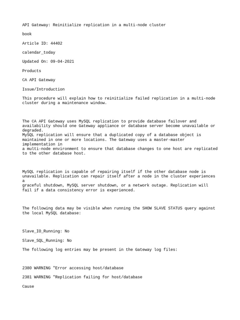 Reinitialize Mysql Replication In Api Gateway Cluster Pdf Databases Replication Computing 