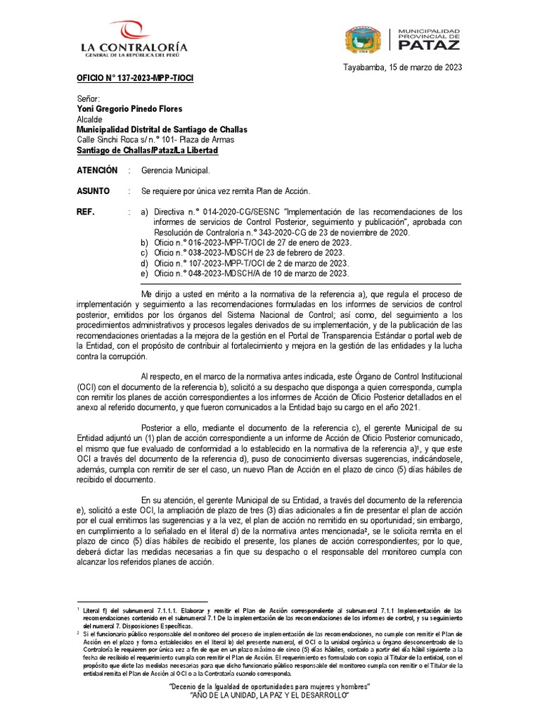 Oficio N.° 137-2023-MPP-T - OCI - Alcaldía Stgo. de Challas - Requerimiento de Plan de Acción ...