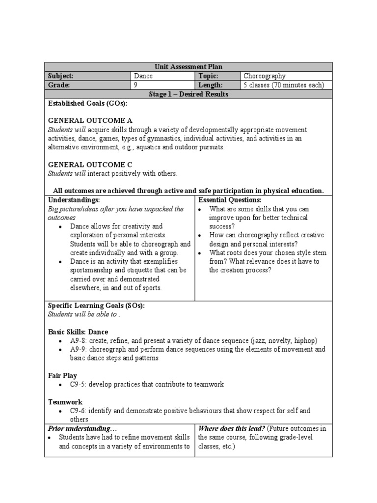Unit Assessment Plan - g9 Dance | PDF | Dances | Cognitive Science