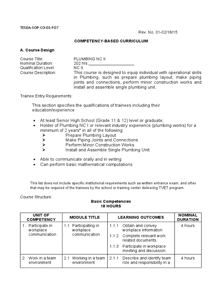 TESDA Plumbing NC II Curriculum Guide | PDF | Occupational Safety And ...
