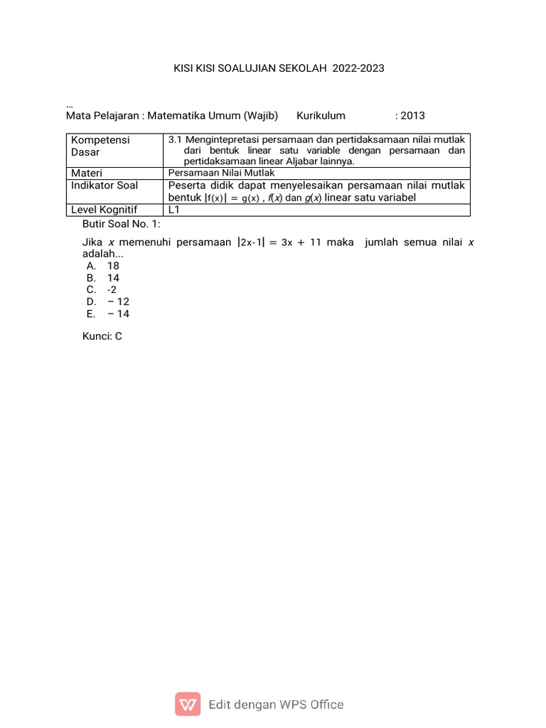 Kartu Soal Us Matematika Umum (Wajib) 2022-2023 | PDF
