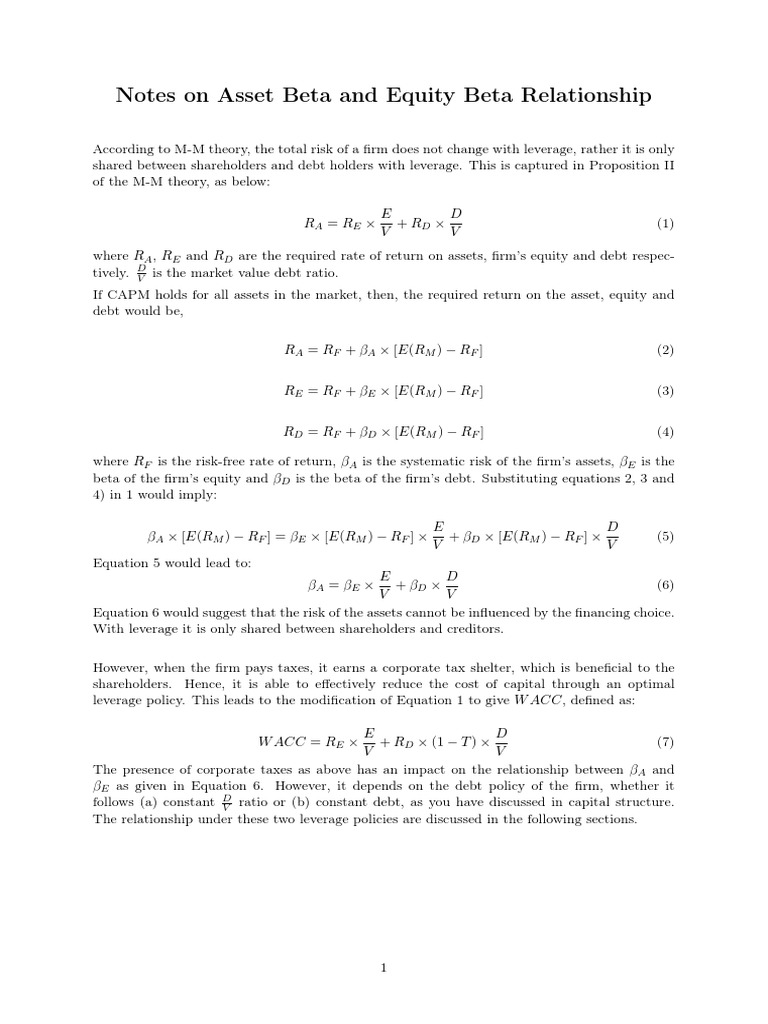Notes Asset Beta and Equity Beta | PDF | Beta (Finance) | Equity (Finance) Notes Asset Beta and Equity Beta | PDF | Beta (Finance) | Equity (Finance)