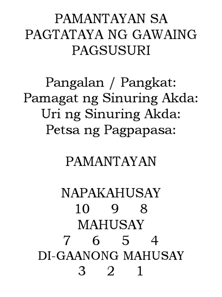Pamantayan Sa Pagtataya NG Gawaing Pagsusuri | PDF