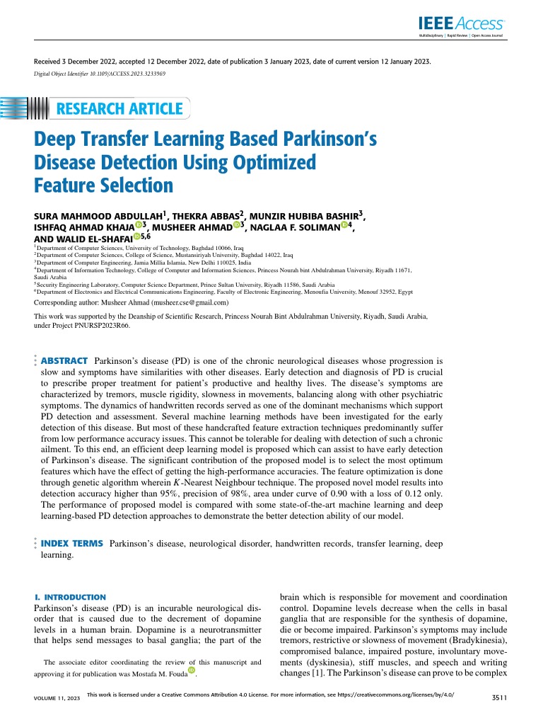 Deep Transfer Learning Based Parkinsons Disease Detection Using Optimized Feature Selection ...