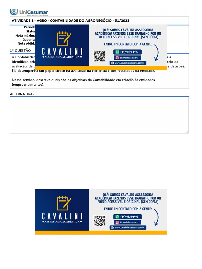 Atividade 1 - Agro - Contabilidade Do Agronegócio - 51-2023 | PDF | Carreira e Crescimento