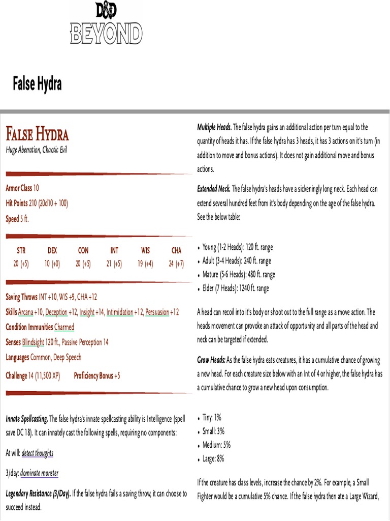 False Hydra - Monsters - Homebrew - D&D Beyond | PDF | Gary Gygax Games
