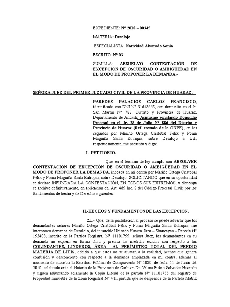 Absuelvo Contestación de Excepción de Oscuridad o Ambigüedad en El Modo ... Absuelvo Contestación de Excepción de Oscuridad o Ambigüedad en El Modo ...
