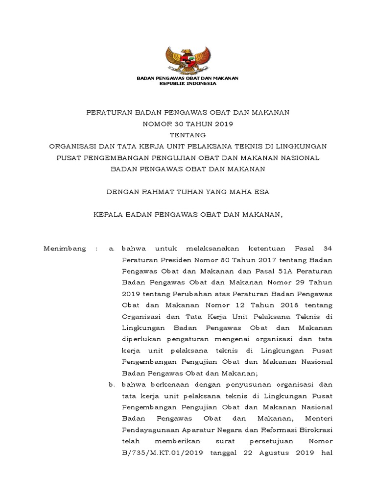 Peraturan BPOM Nomor 30 Tahun 2019 Tentang Organisasi Dan Tata Kerja UPT Di Lingkungan Pusat ...