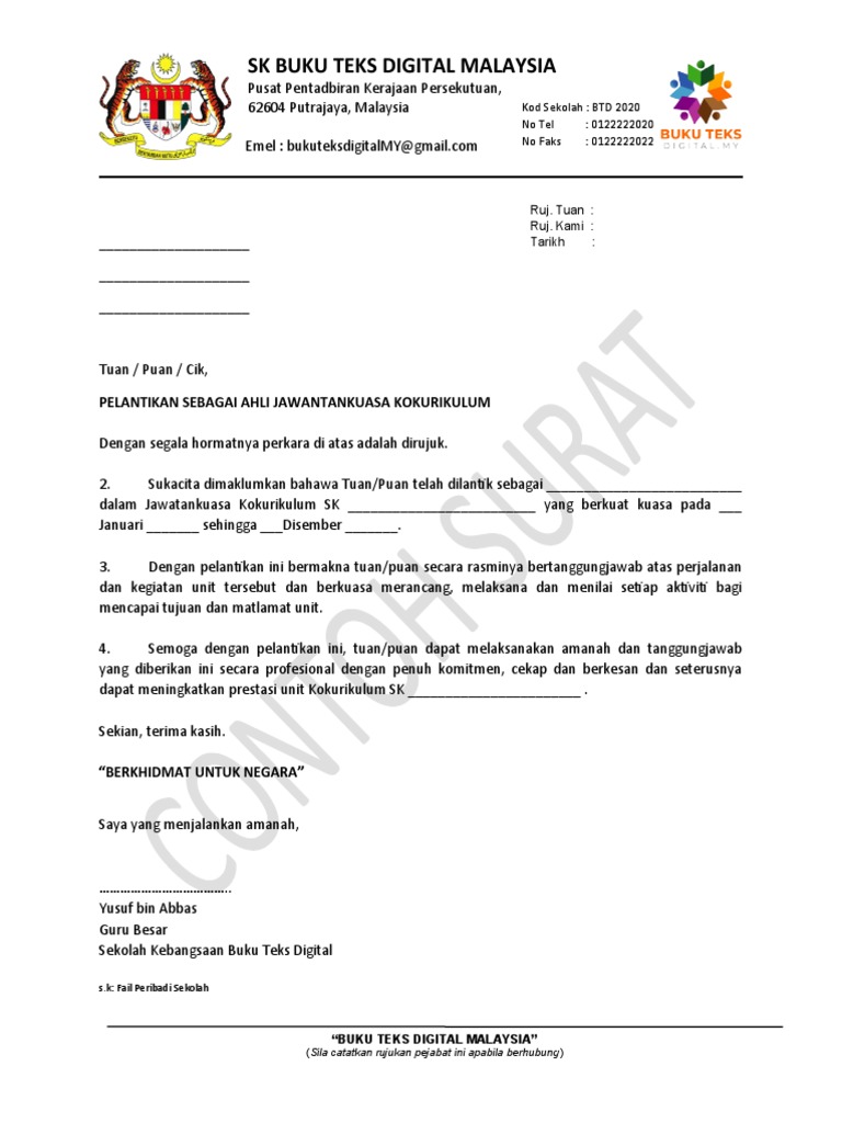 Contoh Surat Lantikan AJK KOKURIKULUM | PDF