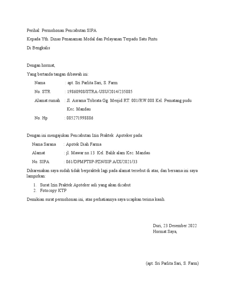 Permohonan Pencabutan SIPA | PDF