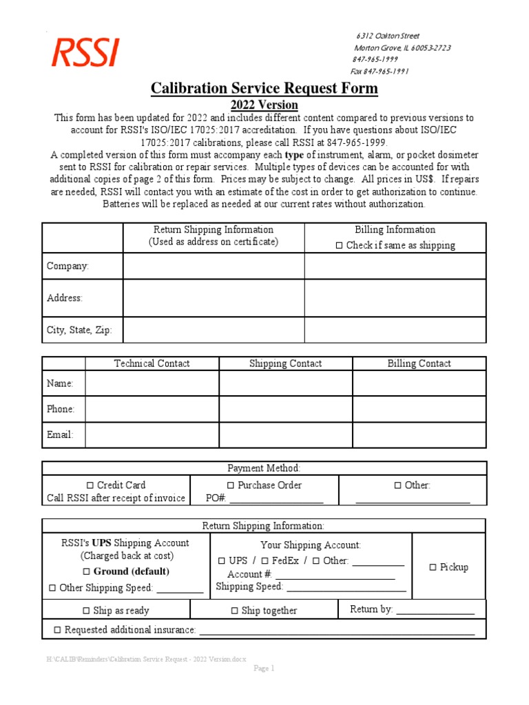 Calibration Service Request Form | PDF | Calibration