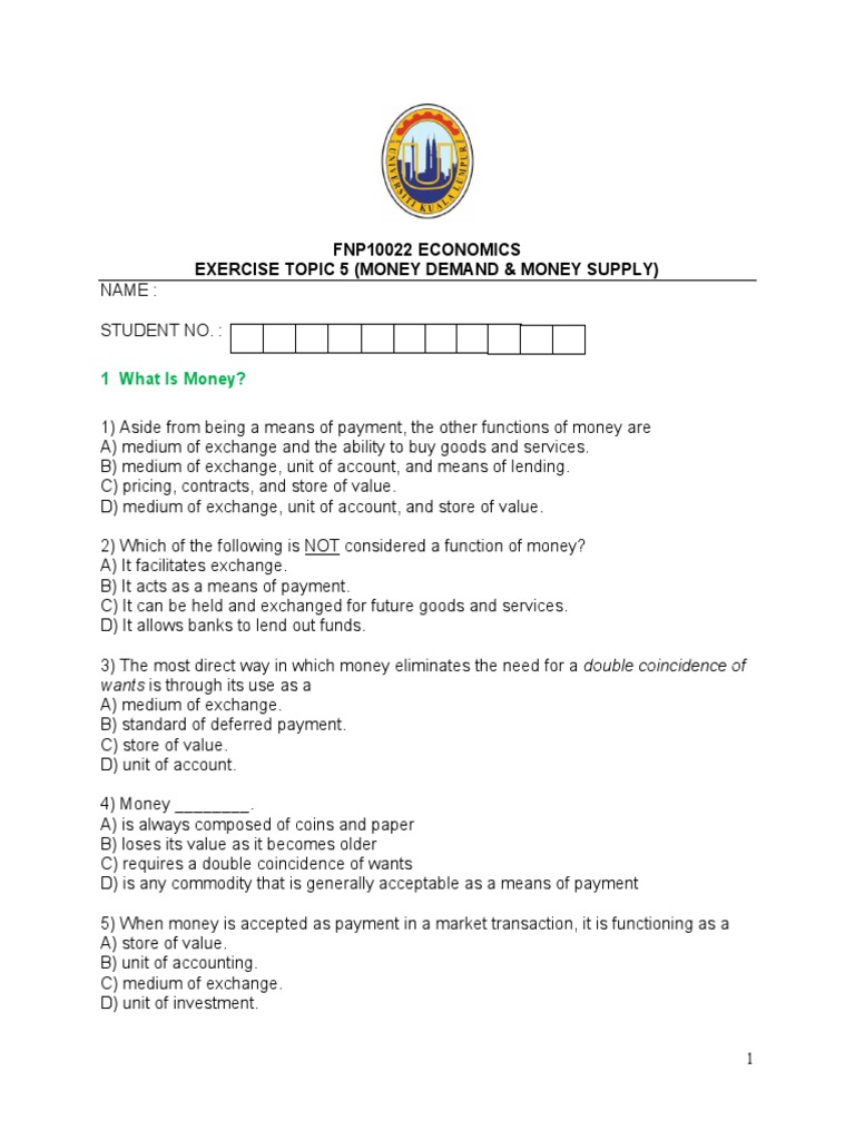 FNP10022 TOPIC 5 Exercises QUESTIONS 18122020 PDF | PDF | Money Supply | Money