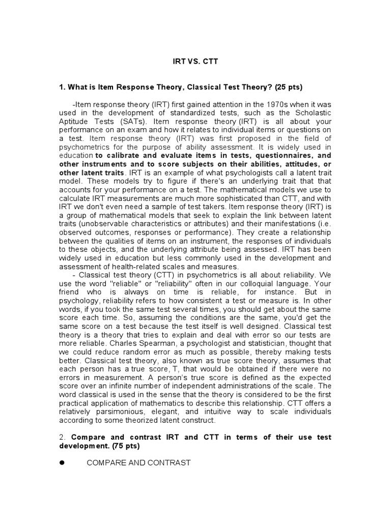 Irt vs. CTT | PDF | Psychometrics | Cognition