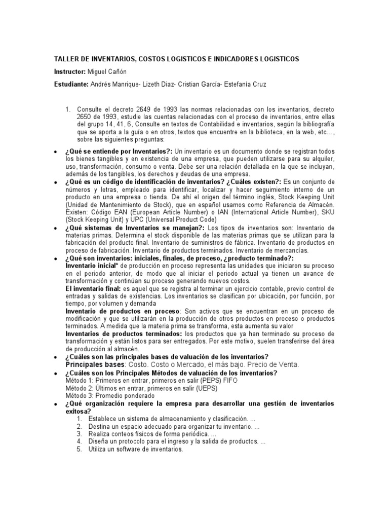 Taller Costos Logisticos ESTEFANIA CRUZ | PDF | Inventario | Almacén Taller Costos Logisticos ESTEFANIA CRUZ | PDF | Inventario | Almacén