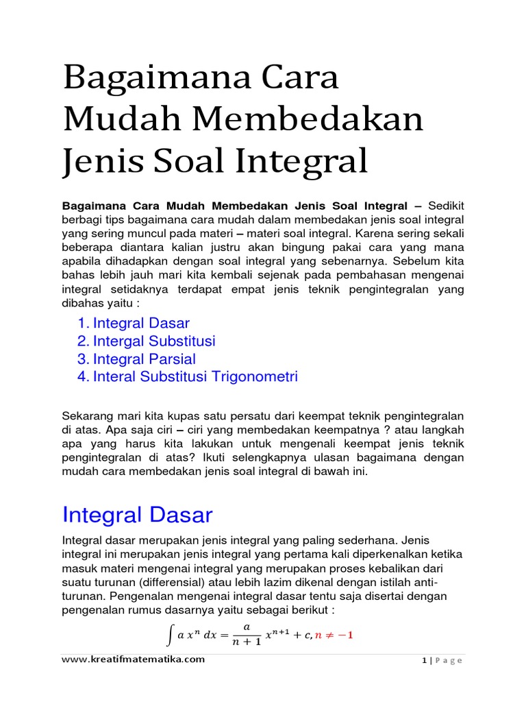 Cara Mudah Membedakan Jenis Soal Integral - Matematika SMA | PDF