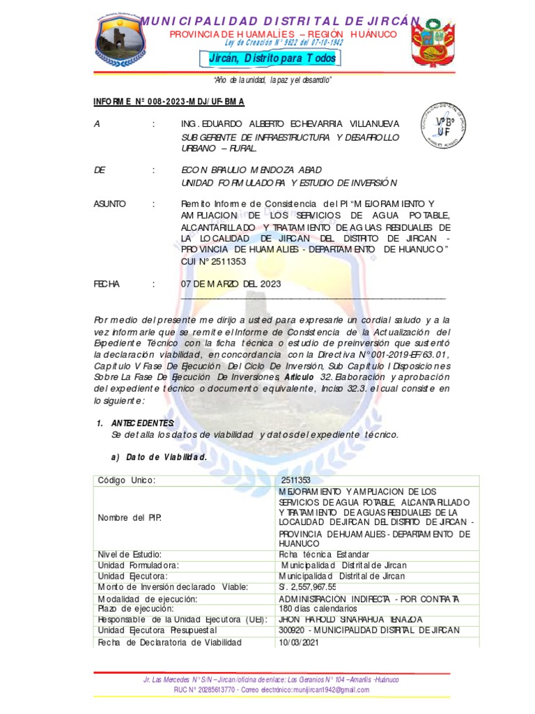 INFORME #008 2023 UF MDJ-INFORME DE CONSISTENCIA ACTU. EXP TEC DE AGUA JIRCAN-signed | PDF ...