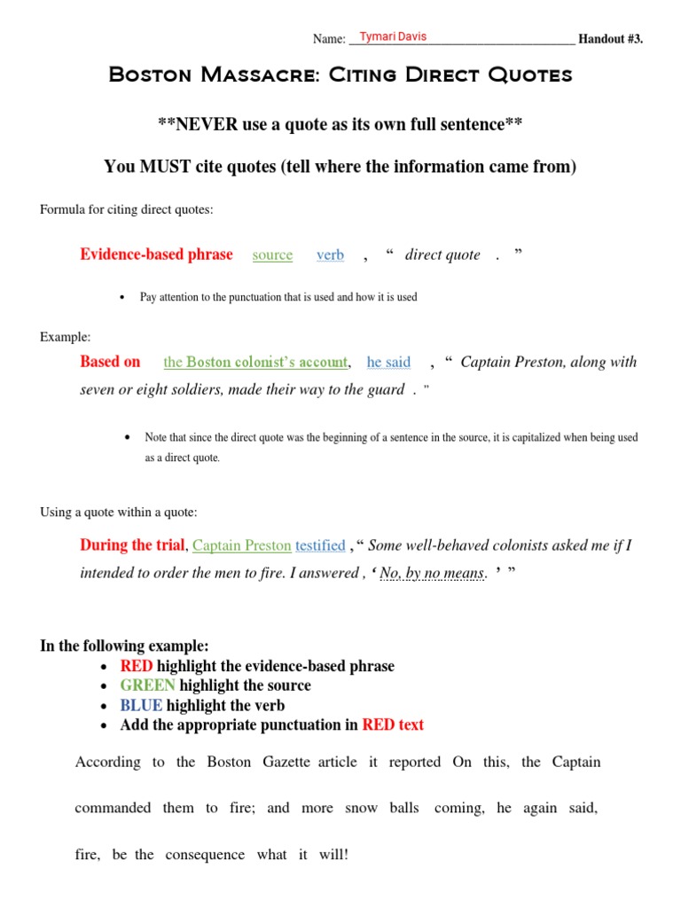 Copy of Tymari Davis - 3.5 Boston Massacre DBQ | PDF