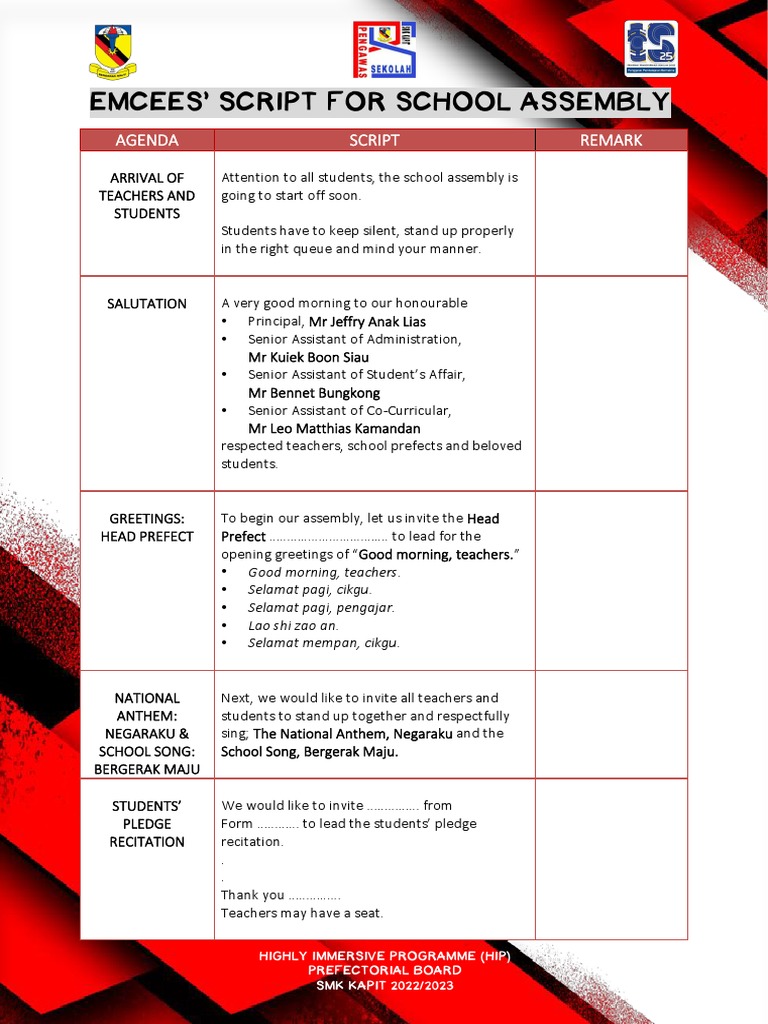 Hip SMK Kapit Assembly Script 2022 | PDF