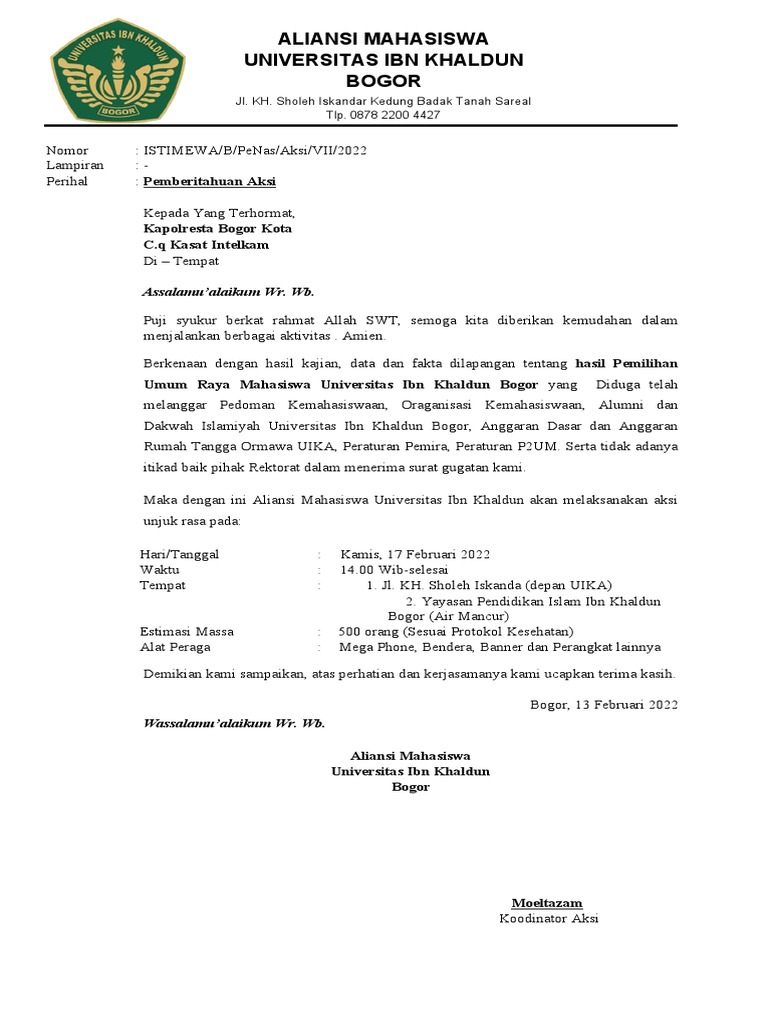 Pemberitahuan Aksi Mahasiswa UIKA | PDF